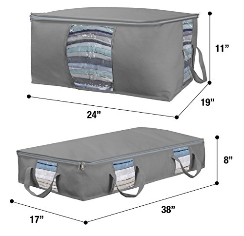 Sorbus Foldable Storage Bag Organizer Set, Large Clear Window & Carry Handles, Great for Clothes, Blankets, Closets, Bedrooms, and More (Gray)