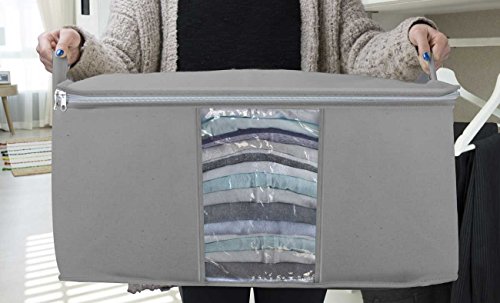 Sorbus Foldable Storage Bag Organizer Set, Large Clear Window & Carry Handles, Great for Clothes, Blankets, Closets, Bedrooms, and More (Gray)