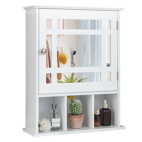 Tangkula Wall-Mounted Bathroom Cabinet, 2-in-1 Storage Organizer with Mirror Door, Wall-Mounted Medicine Cabinet with Adjustable Shelf & 3 Open Compartments for Bathroom, Living Room, Entryway