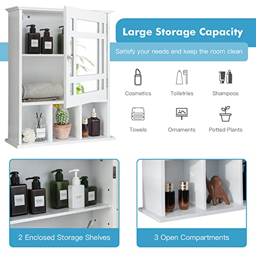 Tangkula Wall-Mounted Bathroom Cabinet, 2-in-1 Storage Organizer with Mirror Door, Wall-Mounted Medicine Cabinet with Adjustable Shelf & 3 Open Compartments for Bathroom, Living Room, Entryway