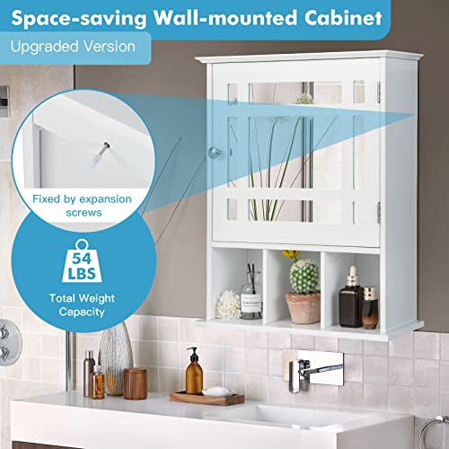 Tangkula Wall-Mounted Bathroom Cabinet, 2-in-1 Storage Organizer with Mirror Door, Wall-Mounted Medicine Cabinet with Adjustable Shelf & 3 Open Compartments for Bathroom, Living Room, Entryway