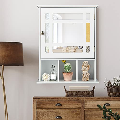 Tangkula Wall-Mounted Bathroom Cabinet, 2-in-1 Storage Organizer with Mirror Door, Wall-Mounted Medicine Cabinet with Adjustable Shelf & 3 Open Compartments for Bathroom, Living Room, Entryway