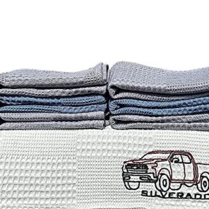 Hyperall Pickup Truck Series 100% Turkish Cotton Towels Set 7-Piece 13x13inch (Grey,Cream,Indian Blue) for Bathroom Kitchen Car Hand Face Hair Dishes Glass Window Children Embroidery Custom Design