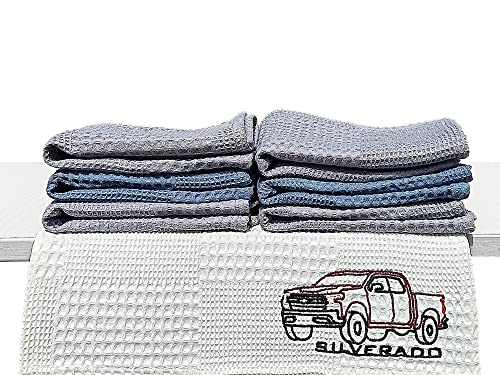 Hyperall Pickup Truck Series 100% Turkish Cotton Towels Set 7-Piece 13x13inch (Grey,Cream,Indian Blue) for Bathroom Kitchen Car Hand Face Hair Dishes Glass Window Children Embroidery Custom Design