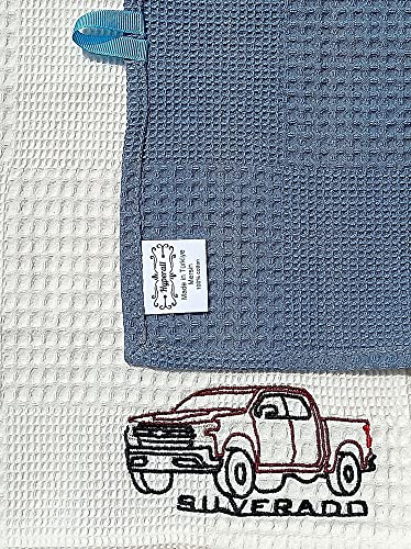 Hyperall Pickup Truck Series 100% Turkish Cotton Towels Set 7-Piece 13x13inch (Grey,Cream,Indian Blue) for Bathroom Kitchen Car Hand Face Hair Dishes Glass Window Children Embroidery Custom Design