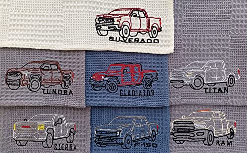 Hyperall Pickup Truck Series 100% Turkish Cotton Towels Set 7-Piece 13x13inch (Grey,Cream,Indian Blue) for Bathroom Kitchen Car Hand Face Hair Dishes Glass Window Children Embroidery Custom Design