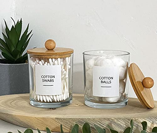 Onsogi Glass Apothecary Jars with Bamboo Lids for Bathroom Organization, Q tip Holder and Cotton Ball Holder are Great for Farmhouse Bathroom Decor, Rustic Bathroom Decor-2 Pack