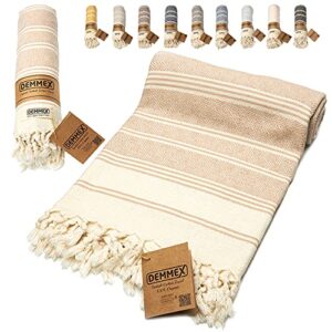 demmex certified 100% organic cotton & organic dye prewashed xl diamond weave turkish cotton towel peshtemal blanket for bath,beach,pool,spa,gym, 71x36 inches,14 oz (beige)