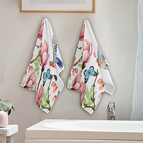 Tropical Flowers Butterflies Hummingbird Hand Towels Set of 2 Bathroom Towel 16x30 in Soft Absorbent Guest Bath Towel Kitchen Dish Towel Spa Home Bathroom Decorations