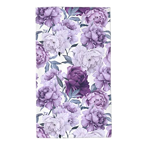 VARUN Long Hand Towels Purple Flowers with Green Leaves Ultra Soft Towel Seamless Floral Pattern Art Painting Absorbent Luxury Towels for Bathroom Hotel Gym and Spa 27.5x15.7in