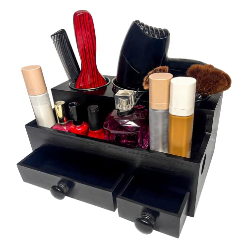 Hair Tool Organizer, Makeup Organizer, Gloss Black Wooden Hair Dryer Holder, Bathroom Countertop Blow Dryer Holder with Two Draws, Vanity Caddy Storage Stand for Accessories, Makeup, Toiletries