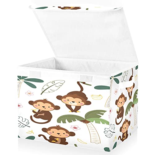 Krafig Cartoon Animal Monkey Foldable Storage Box Large Cube Organizer Bins Containers Baskets with Lids Handles for Closet Organization, Shelves, Clothes, Toys