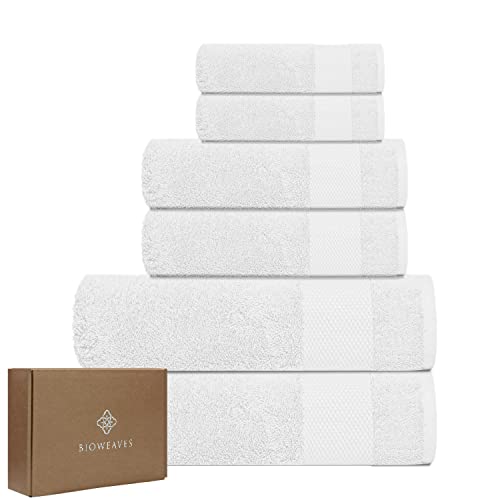 BIOWEAVES 100% Organic Cotton 700 GSM Plush 6-Piece Towel Set GOTS Certified, 2 Bath Towels, 2 Hand Towels & 2 Washcloths - White