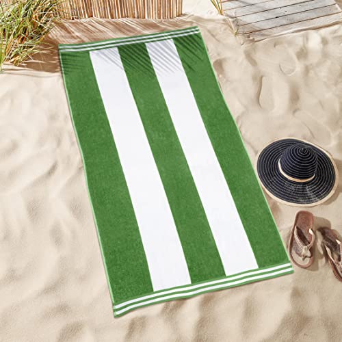 SUPERIOR 100% Oversized Striped Cotton Beach Towel Set, Basics Beach Towels for Bathroom, Dorm, Beach, Camping, Pool, Swimming, Kids, Vacation, Cabana Collection, 34" x 64", Green