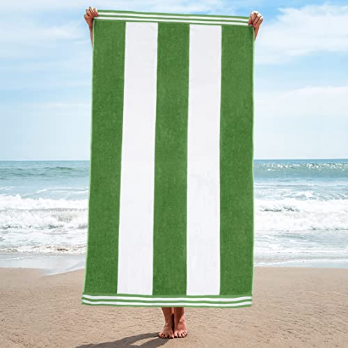 SUPERIOR 100% Oversized Striped Cotton Beach Towel Set, Basics Beach Towels for Bathroom, Dorm, Beach, Camping, Pool, Swimming, Kids, Vacation, Cabana Collection, 34" x 64", Green