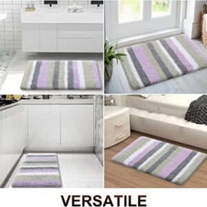 Buganda Microfiber Striped Bathroom Rugs Bath Mat, Extra Thick, Soft and Shaggy, Absorbent, Machine Washable, Anti-Slip Bath Rugs for Bathroom, Tub and Shower, 24x16, Purple-Grey