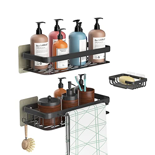 Bemodst 3-Pack Adhesive Shower Caddy, Shower Shelf, No Drilling Rustproof Stainless Steel Shower Organizer for Inside Shower & Kitchen Storage (Matte Black)