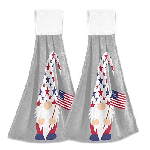 Patriotic Gnomes Kitchen Hanging Hand Towels,Memorial Day 4th of July Absorbent Tie Towel with Loop 2 PCS Kitchen Linen Sets for Bathroom Restroom Home Decor