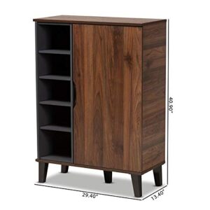 Pemberly Row Mid-Century Modern Two-Tone Walnut Brown and Grey Finished Wood 1-Door Shoe Cabinet