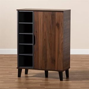 Pemberly Row Mid-Century Modern Two-Tone Walnut Brown and Grey Finished Wood 1-Door Shoe Cabinet