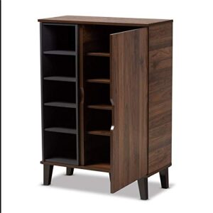 Pemberly Row Mid-Century Modern Two-Tone Walnut Brown and Grey Finished Wood 1-Door Shoe Cabinet