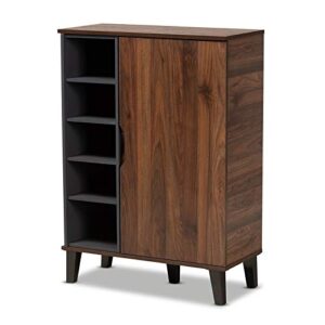 Pemberly Row Mid-Century Modern Two-Tone Walnut Brown and Grey Finished Wood 1-Door Shoe Cabinet