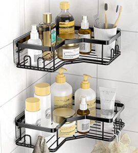 elyjhyy 2 pack wall-mounted shower caddy corner with hooks adhesive corner shower shelf for inside shower basket rack storage stainless steel shower shelf for bathroom dorm and kitchen (black)