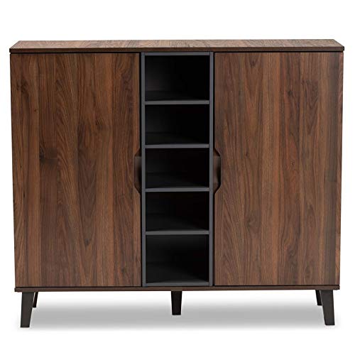 Pemberly Row Mid-Century Modern Two-Tone Walnut Brown and Grey Finished Wood 2-Door Shoe Cabinet