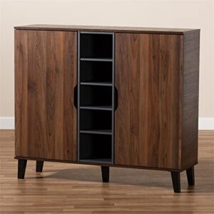 Pemberly Row Mid-Century Modern Two-Tone Walnut Brown and Grey Finished Wood 2-Door Shoe Cabinet