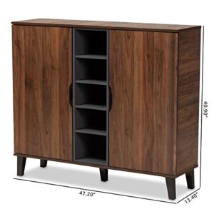 Pemberly Row Mid-Century Modern Two-Tone Walnut Brown and Grey Finished Wood 2-Door Shoe Cabinet