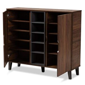 Pemberly Row Mid-Century Modern Two-Tone Walnut Brown and Grey Finished Wood 2-Door Shoe Cabinet