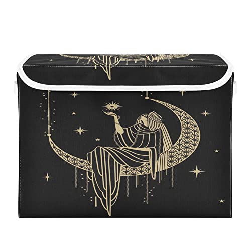 Krafig Moon Girl Foldable Storage Box Large Cube Organizer Bins Containers Baskets with Lids Handles for Closet Organization, Shelves, Clothes, Toys