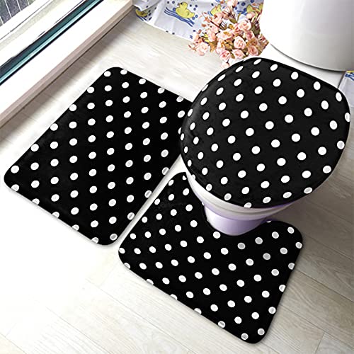 Wondertify White Polka Dot Bathroom Antiskid Pad Geometric Round Shape 3 Pieces Bathroom Rugs Set, Bath Mat+Contour+Toilet Lid Cover Black