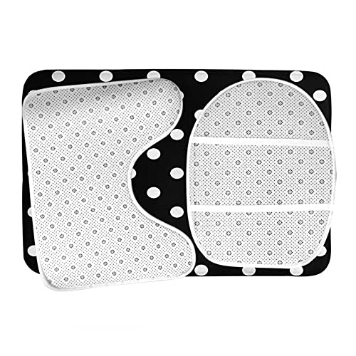 Wondertify White Polka Dot Bathroom Antiskid Pad Geometric Round Shape 3 Pieces Bathroom Rugs Set, Bath Mat+Contour+Toilet Lid Cover Black