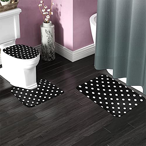 Wondertify White Polka Dot Bathroom Antiskid Pad Geometric Round Shape 3 Pieces Bathroom Rugs Set, Bath Mat+Contour+Toilet Lid Cover Black