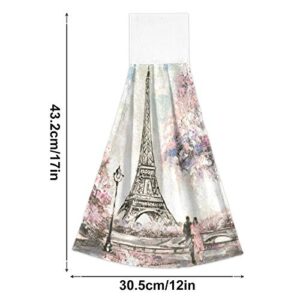 Alaza 2 Pcs Kitchen Towel, Street Cherry Blossom Paris Eiffel Tower Oil Painting Art Absorbent Towel Hanging Towel Hand Towel