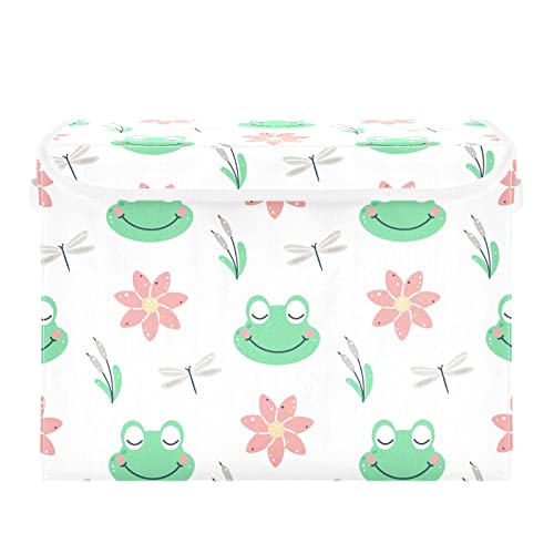 Krafig Cartoon Funny Animal Frog Foldable Storage Box Large Cube Organizer Bins Containers Baskets with Lids Handles for Closet Organization, Shelves, Clothes, Toys