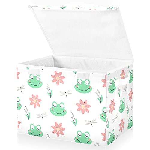 Krafig Cartoon Funny Animal Frog Foldable Storage Box Large Cube Organizer Bins Containers Baskets with Lids Handles for Closet Organization, Shelves, Clothes, Toys