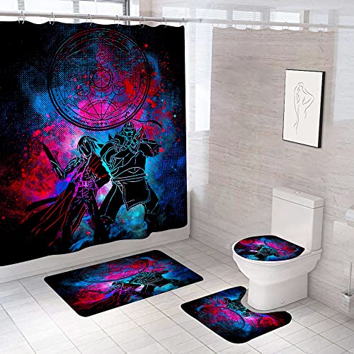 4 Piece Cool Anime Shower Curtain Sets with Non-Slip Rugs, Toilet Lid Cover, Bath Mat and 12 Hooks, Bathroom Decor Set Accessories Waterproof Shower Curtains