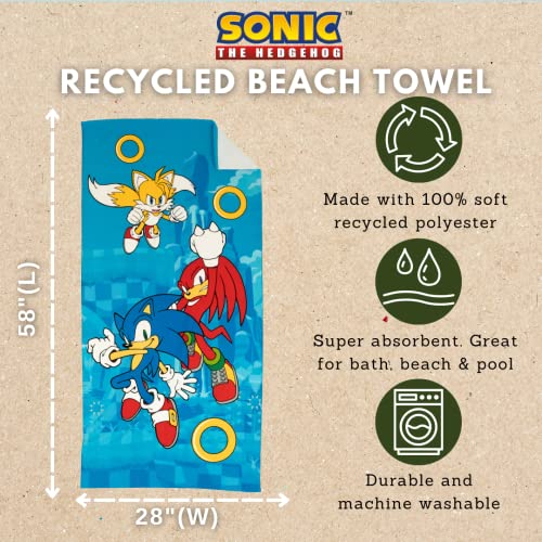 Franco Sonic The Hedgehog Anime Super Soft Lightweight 100% Recycled Bath/Pool/Beach Towel Made from Recycled Plastic Bottles, 58 in x 28 in, (100% Official Licensed Sonic The Hedgehog Product)