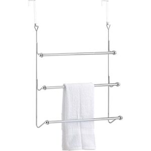 MyGift 3 Tier Silver Metal Over The Door Bathroom Towel Rack, Small Space Extra Storage Towel Bar Hanger