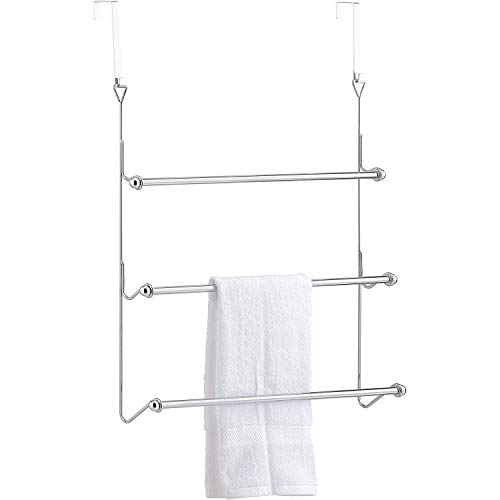 MyGift 3 Tier Silver Metal Over The Door Bathroom Towel Rack, Small Space Extra Storage Towel Bar Hanger