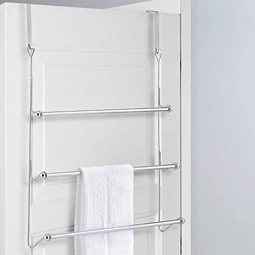 MyGift 3 Tier Silver Metal Over The Door Bathroom Towel Rack, Small Space Extra Storage Towel Bar Hanger