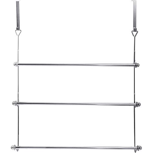 MyGift 3 Tier Silver Metal Over The Door Bathroom Towel Rack, Small Space Extra Storage Towel Bar Hanger