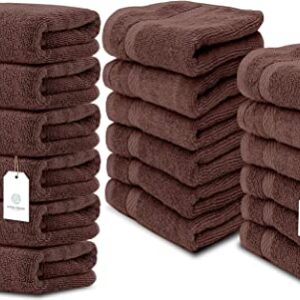 White Classic Luxury Hand Towels | 6 Pack Luxury Cotton Washcloths | 12 Pack Bundle (Brown)