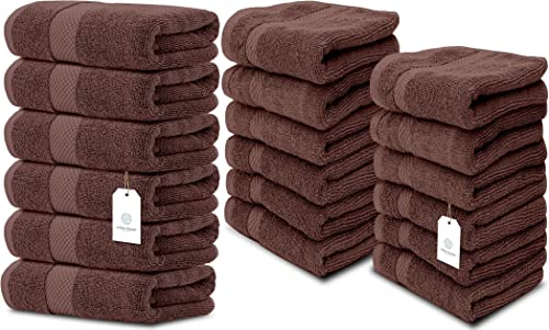 White Classic Luxury Hand Towels | 6 Pack Luxury Cotton Washcloths | 12 Pack Bundle (Brown)