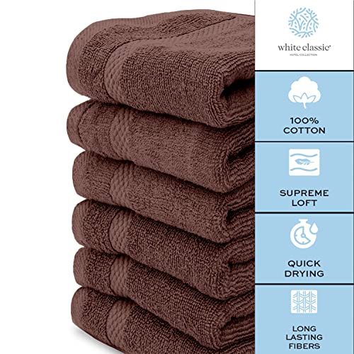 White Classic Luxury Hand Towels | 6 Pack Luxury Cotton Washcloths | 12 Pack Bundle (Brown)