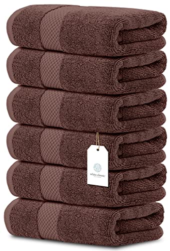 White Classic Luxury Hand Towels | 6 Pack Luxury Cotton Washcloths | 12 Pack Bundle (Brown)