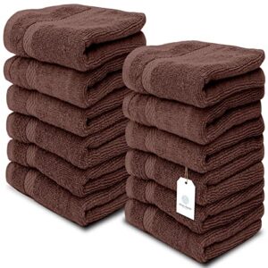 White Classic Luxury Hand Towels | 6 Pack Luxury Cotton Washcloths | 12 Pack Bundle (Brown)