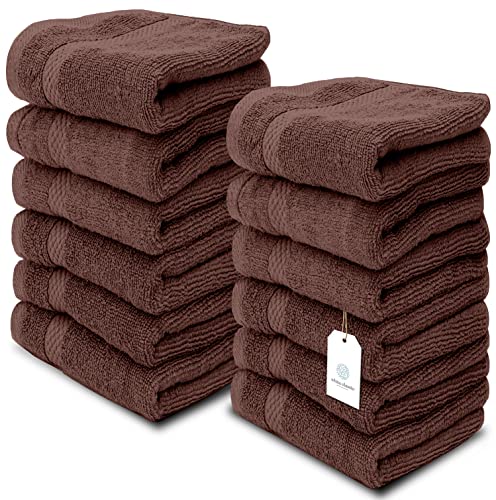 White Classic Luxury Hand Towels | 6 Pack Luxury Cotton Washcloths | 12 Pack Bundle (Brown)